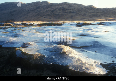 Thin film of broken ice left behind by retreating tide on edge on river ...