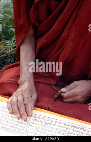 A Tibetan Buddhist monk reads a traditional sutra (scripture) in Pali ...