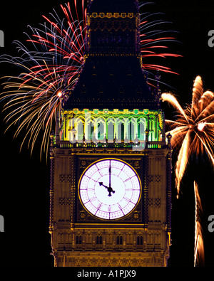Big Ben with fireworks - celebrating the New Year in London Stock Photo ...