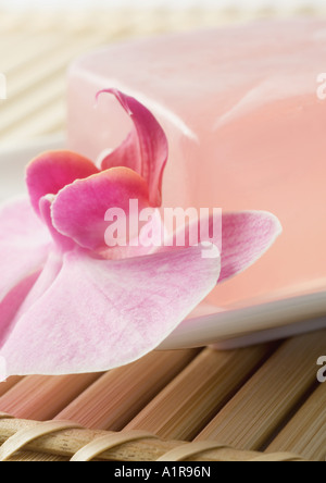 Bar of handmade natural soap and orchid flowers. Spa concept Stock ...