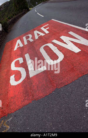 Bilingual red Araf slow road safety sign painted on A5 road highway ...