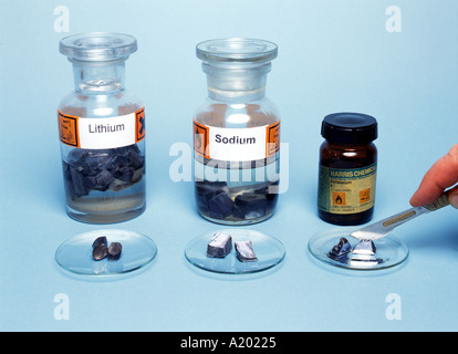 Sodium metal. Freshly cut shiny surfaces of sodium metal. Sodium (Na ...