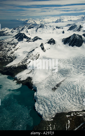 SOUTH GEORGIA ISLAND, Antarctica, Aerial of Helland Glacier below Mt ...