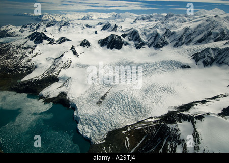 SOUTH GEORGIA ISLAND, Antarctica, Aerial of Helland Glacier below Mt ...