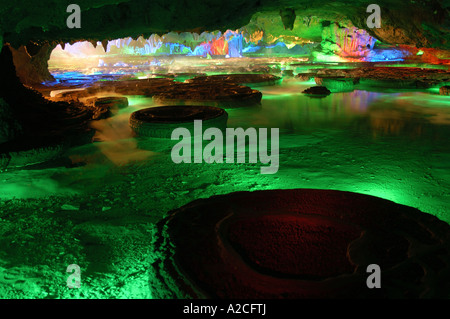 Colourful lights illuminate Lotus Cave, Guangxi China Stock Photo - Alamy