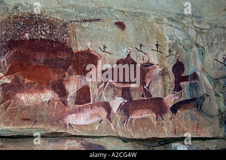 San rock painting in the Drakensberg Mountains of a hunter gatherer ...