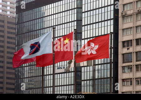 The Hong Kong Stock Exchange flag in front of the buffalo statue on ...