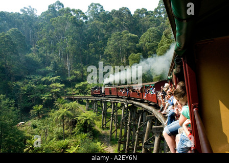 Puffing Billy Railway crosses wooden trestle bridge Dandenong Ranges National Park Victoria ...