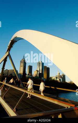 Australia, Melbourne, the city skyline and pedestrian bridge in ...