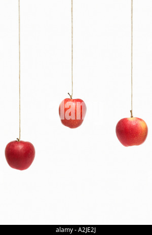 Apples suspended from string, white background Stock Photo - Alamy