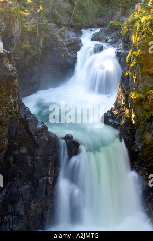 The fast flowing water at Little Qualicum Falls in BC, Canada Stock ...