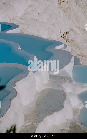 Turkey, Pamukkale. Limestone-laden hot springs form white pools with ...