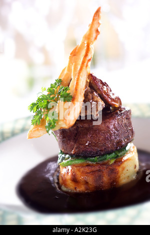 Fillet Steak Tower served on a warm Potato Rosti with wilted Spinach ...