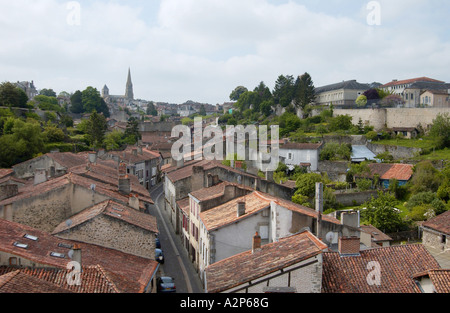 View of the picturesque medieval town of Parthenay with an old bridge ...