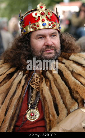 Medieval bearded man, king in golden crown, fur-lined cloak, and armor ...