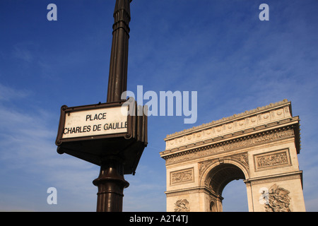 France Paris Place de l'Etoile (Place Charles de Gaulle) the Arc de Triomphe illuminated at ...