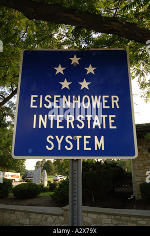 Sign denoting the Eisenhower Interstate System which he created across ...