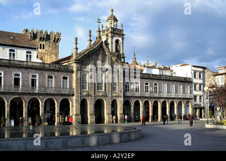 Arcadas Palace and Lapa church in Braga city, Portugal. The arcades are ...