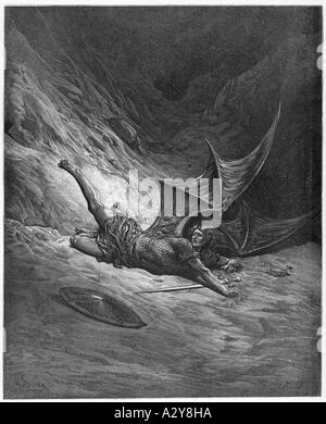 Satan, shown as the fallen angel, after having been smitten by Michael ...