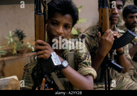 Sri Lanka: Female LTTE (Liberation Tigers of Tamil Eelam) soldier posing for LTTE publicity ...