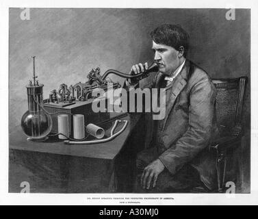 Thomas Edison speaking through his perfected phonograph 1870s. Hand ...