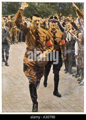 Adolf Hitler in uniform with Swastika armband at Nuremberg Nazi parade ...