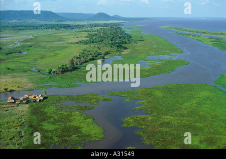 Aerial view of lower Amazon floodplain uncovering grasslands at low ...