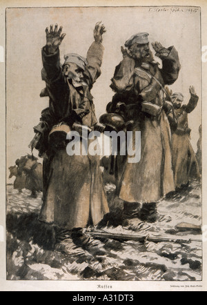 World War 1: Surrender of Russian soldiers. 1915. Holding their hands ...