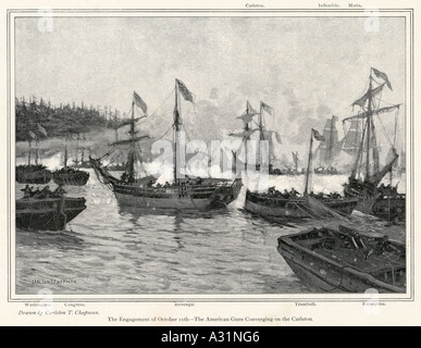 The naval engagement on Lake Champlain between gunboats of the British ...