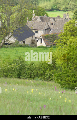 Cotswold village of Slad from Swift's Hill Nature Reserve, near Stroud ...