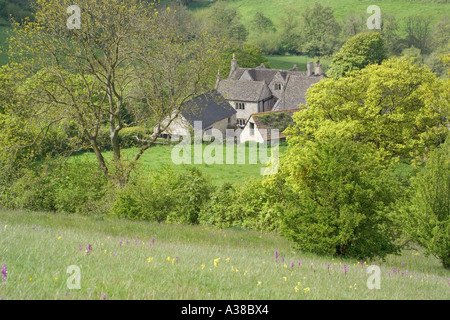 Cotswold village of Slad from Swift's Hill Nature Reserve, near Stroud ...