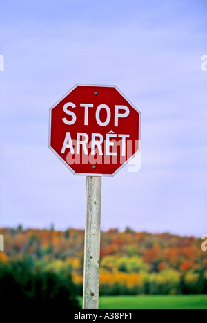 French language stop sign warning ahead sign against a blue sky ...