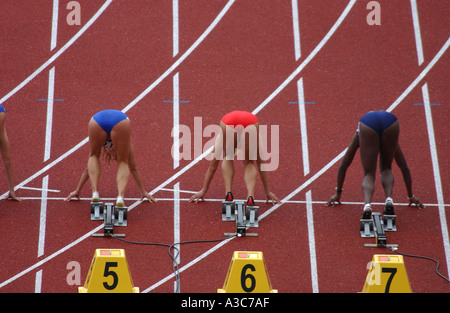 runners at the start of a 100m hurdles race at the Munich European ...