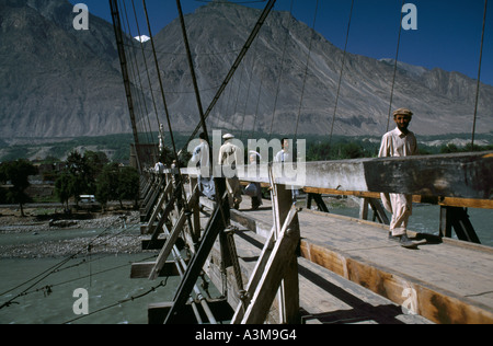 Gilgit suspension bridge, Gilgit, Pakistan. Spanning 600ft, it is the ...