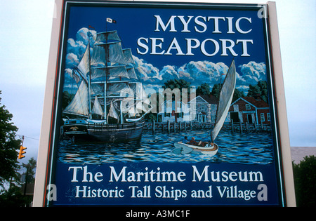 A sign advertising Mystic Seaport, the museum and other things to Stock ...