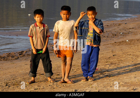 Group of Lao Boys on the Sandy Shore of Mekong River in Louangphrabang ...