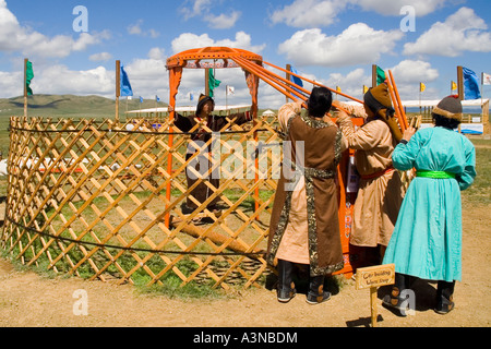 A traditional Mongolian yurt or ger which portable, round tent covered ...