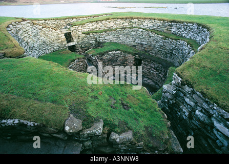 Massive walls and interior of Clickhimin prehistoric broch on the edge ...