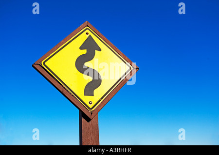 arrow, winding road, upward, blue sky, directional, caution, beware ...