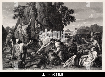 Bible, Moses striking the rock and water coming from it Exodus Stock ...