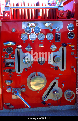 Closeup of American fire engine hose valve and connector panel Stock ...