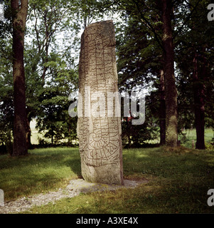 middle ages, Vikings, runes, rune stone depicting possibly Wotan and ...
