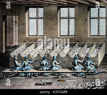 industry, paper manufacture, hand papermaking, woodcut, from woodblock ...