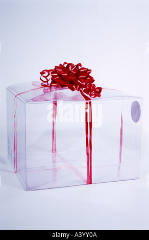 Clear transparent box wrapped with red ribbon but with nothing inside ...