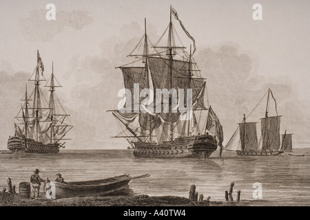 18th and 19th century British navy boats. From left, Fire Brig, Flat ...