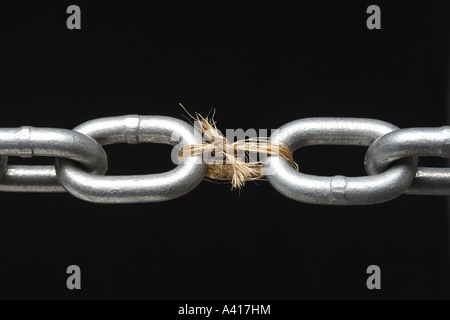 Weakest link in a strong steel rusty roller chain is broken snapped ...