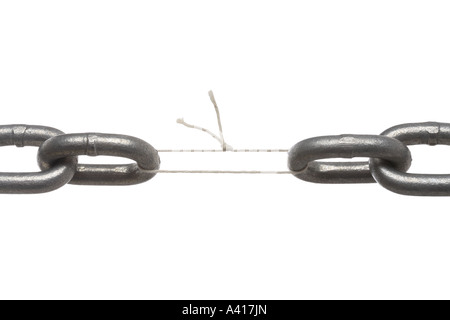 Weakest link in a strong steel rusty roller chain is broken snapped ...