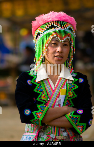 Festival, young Hmong woman, portrait, dressed in traditional clothing ...