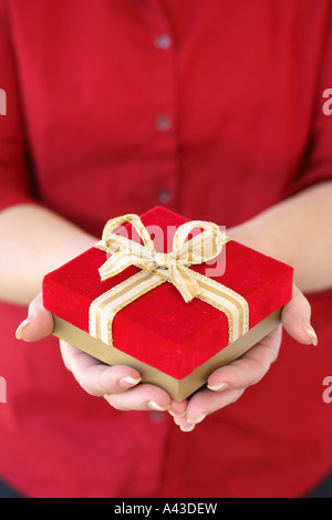 Christmas present. Woman holding gift box indoors, closeup Stock Photo ...
