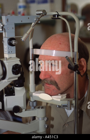 Eye exam of inmate inside American maximum security prison. Medical ...